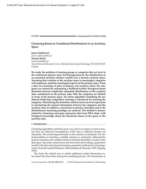 Pdf Clustering Based On Conditional Distributions In An Auxiliary Space