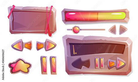 Cartoon Stone Texture Of Game Buttons Gui Or Ui Design Elements Set Menu Boards Progress Bars