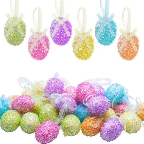 18pcs Easter Hanging Eggs Decorations Colorful Glitter Tinsel Easter Egg Foam Hanging Egg