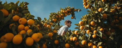 Premium Photo Person Picking Oranges From Tree Ai Generative