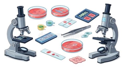 Scientific Laboratory Equipment With Microscopes And Samples Shown On A