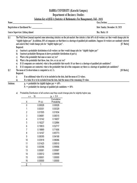 Solution Of Quiz 3 Statistics Mathematics For Management Fall