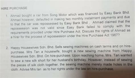 Solved Hire Purchase 1 Ahmad Bought A Car From Song Motor