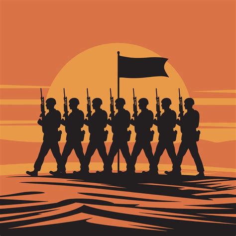Silhouette Of Soldiers Marching With Flag Against Sunset Sky