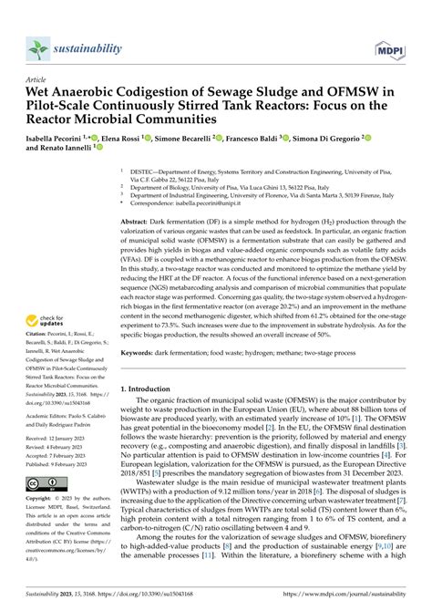 PDF Wet Anaerobic Codigestion Of Sewage Sludge And OFMSW In Pilot Scale Continuously Stirred