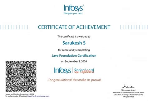 Infosys Springboard Achievement Certificate Sarukesh S
