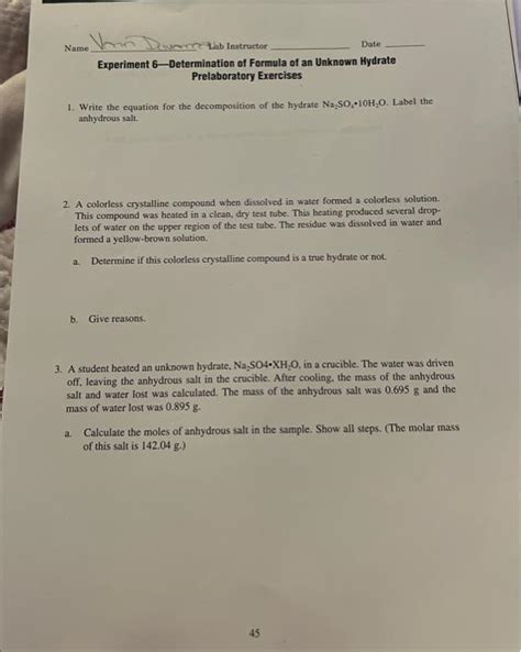 Solved Experiment Determination Of Formula Of An Unknown Chegg
