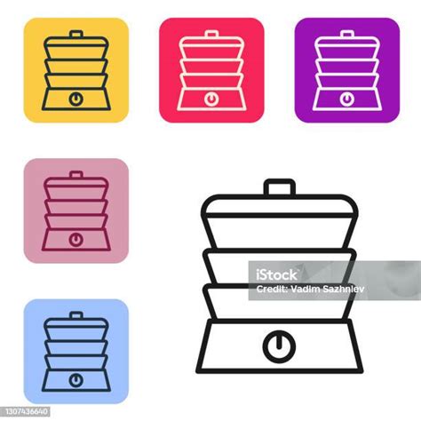 흰색 배경에 격리 된 검은 줄 느린 밥솥 아이콘 전기 팬 색상 정사각형 단추로 아이콘을 설정합니다 벡터 가정 생활에 대한 스톡 벡터 아트 및 기타 이미지 Istock