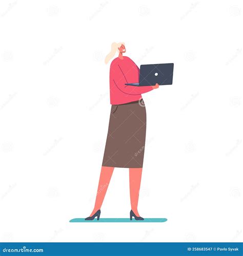 Female Character Standing With Laptop In Hands Isolated On White