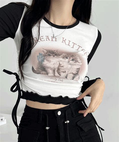 허리잘록 레이어드 옆셔링 고양이 긴팔 크롭티 스트링 물결티 나그랑 골지 티셔츠 No1644 에이블리