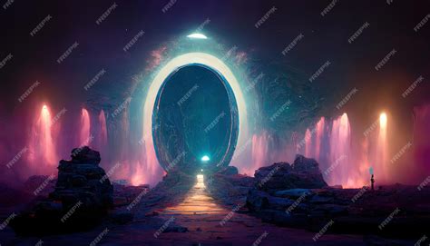 마법 포털에 사막 도로의 래스터 그림 포털 주변의 지구의 물 공기 및 불 분수의 요소 마법의 사실주의 신비주의 공상 과학 3d 삽화 그림 프리미엄 사진