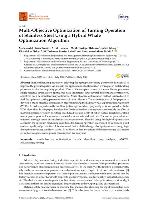 Pdf Multi Objective Optimization Of Turning Operation Of Stainless Steel Using A Hybrid Whale