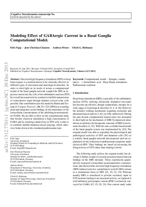 Pdf Cognitive Neurodynamics Manuscript No Will Be Inserted By The Editor Modeling Effect Of