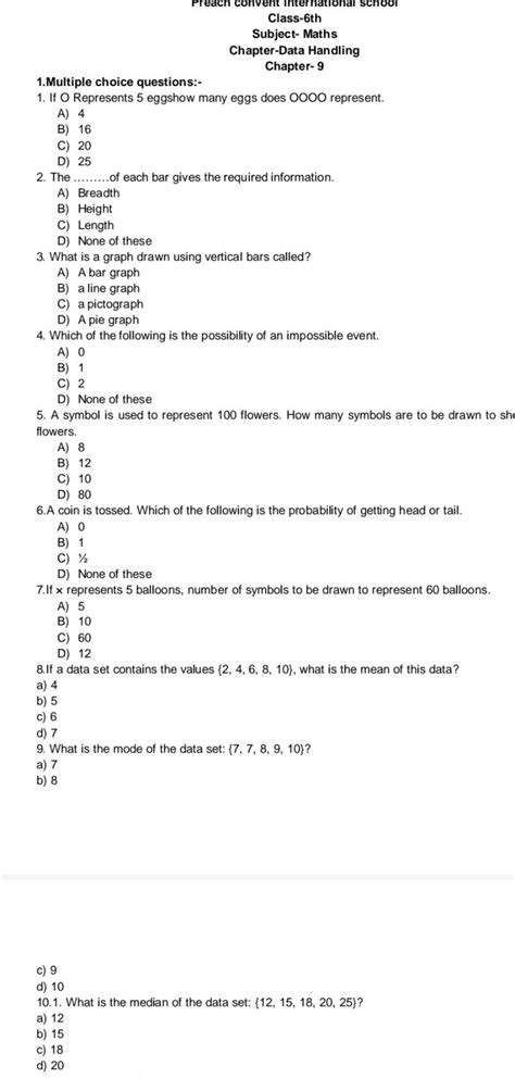 Class 6thsubject Mathschapter Data Handlingchapter 91multiple Choi