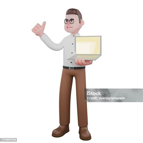 남성 사회학자 3d 모델 한 남성 사회학자가 오른손에 노트북을 들고 왼손으로 엄지손가락을 치켜세우고 서 있다 만화 일러스트 노트북에 대한 스톡 사진 및 기타 이미지 Istock