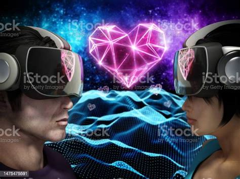 3d 핑크 하트 모양은 미래 환경에서 가상 현실 헤드셋을 사용하는 Cgi 남자와 여자 사이에 서 있다 3차원 형태에 대한 스톡