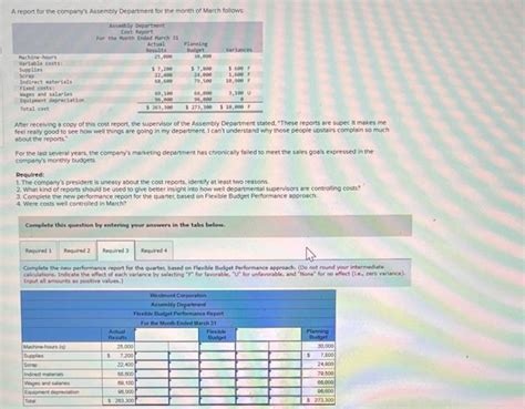 Solved A Report For The Companys Assembly Department For