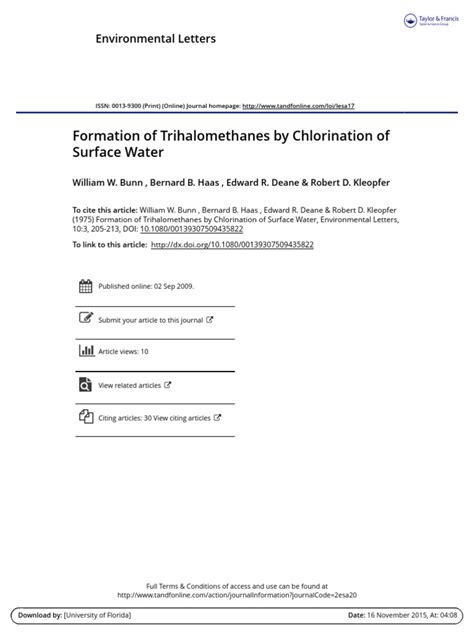 1975 Formation Of Trihalomethanes By Chlorination Of Surface Water Pdf Chlorine Gas