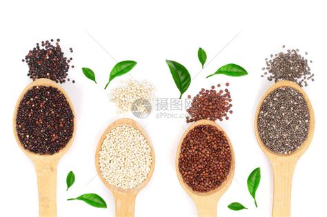 黑红白藜麦和奇亚籽在木勺上装饰着绿叶高清图片下载 正版图片503288939 摄图网