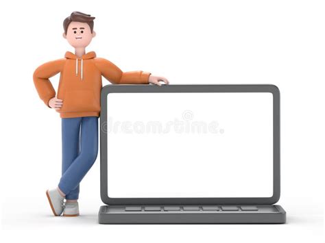 3d Illustration Of Male Guy Qadir Supported By Laptop 3d Rendering On White Background Stock