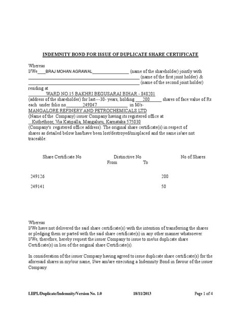 Indemnity Bond For Issue Of Duplicate Share Certificate Download Free Pdf Business Justice