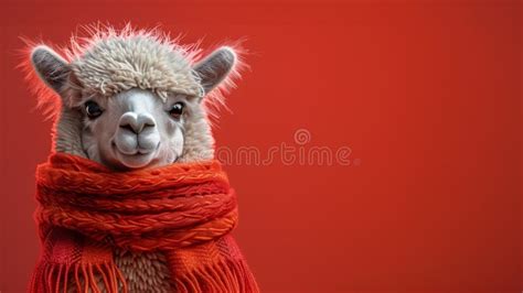 Cute Alpaca In Red Scarf Posing Against Vibrant Red Background Stock Image Image Of Bright