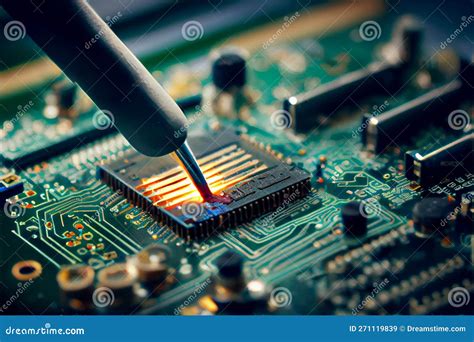 Soldering A Micro Chip Processor With Iron Tool On A Green Circuit Boad