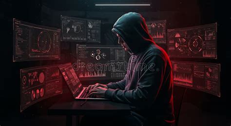 Cybersecurity Hacker Working On Laptop With Red Glowing Data Screens Threat Monitoring And