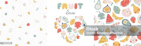 열대 과일은 심장 템플릿에 이음새가 없는 패턴과 구성을 설정합니다 과일 애호가 벡터 만화 배경입니다 간단한 손으로 그린 스타일로 웃는 과일 캐릭터 파스텔 트렌디 한 색상 0