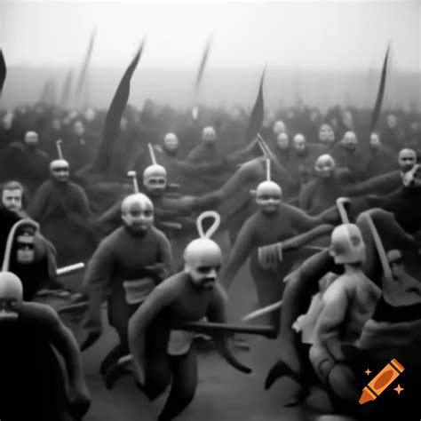 Teletubbies In A Playful Battlefield Scene With Tinky Winky Leading A