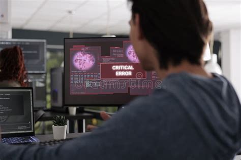 Software Developer Looking At Display Writing Code Encountering Hacking Alert Editorial