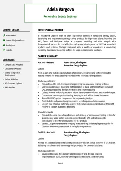 Renewable Energy Engineer Cv Example Guide Get Noticed