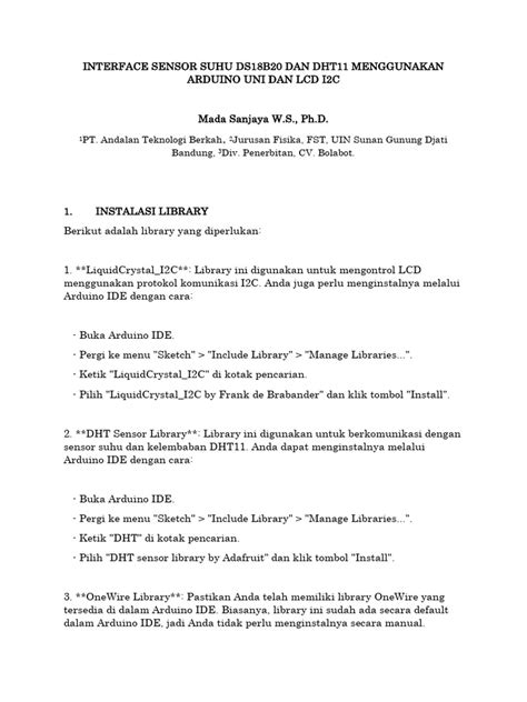Interface Sensor Suhu Ds18b20 Dan Dht11 Arduino Dan Lcd I2c Pdf