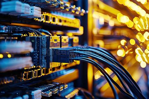 Telecommunication Ethernet Cables Connected To Internet Switch In Data