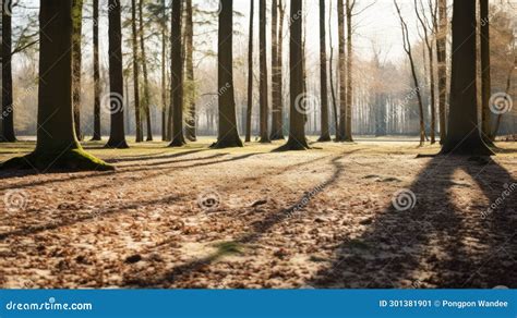 Sunlight Filters Through Tall Trees Casting Shadows On A Forest Floor With Fallen Leaves Stock
