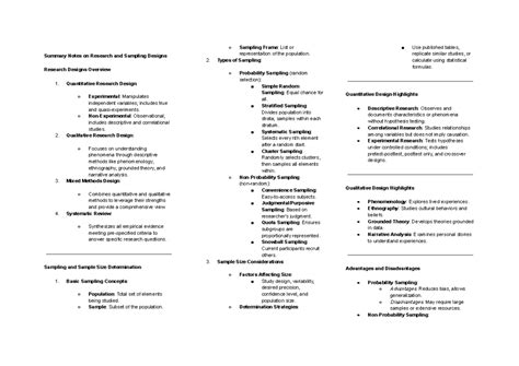 Research Methods Summary Notes 1 Summary Notes On Research And Sampling Designs Research