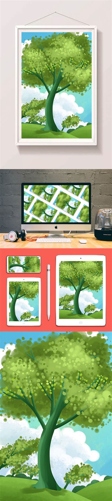 Green Cartoon Comic Big Tree Illustration Background PSD Illustration Free Download Pikbest