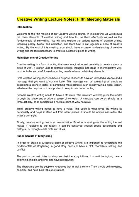 Creative Writing Lecture Notes Fifth Meeting Materials Creative Writing Lecture Notes Fifth