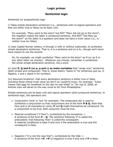 Logic Primer Sentential Logic Basics