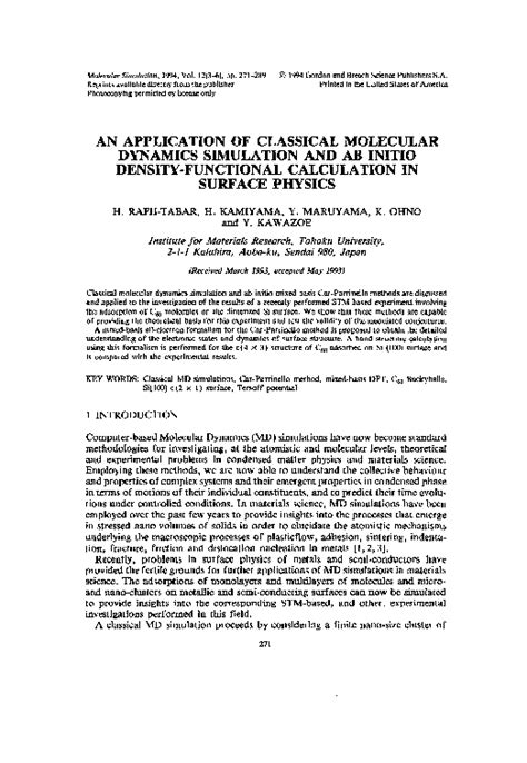 Pdf An Application Of Classical Molecular Dynamics Simulation And Ab Initio Density Functional