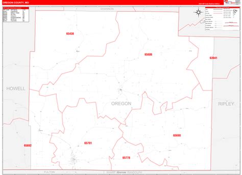 Oregon County Mo Zip Code Wall Map Red Line Style By Marketmaps Mapsales