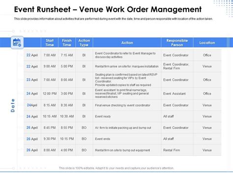 Amusement Event Coordinator Event Runsheet Venue Work Order Management