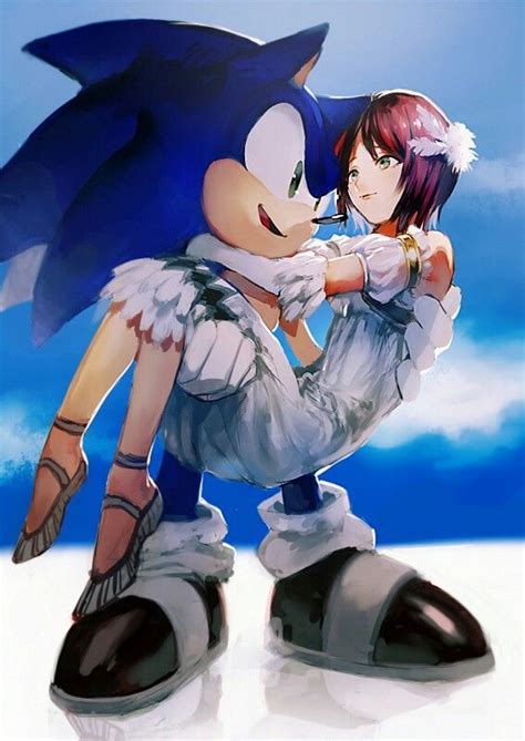 Sonic And His Girlfriend Are Hugging In Front Of The Sky