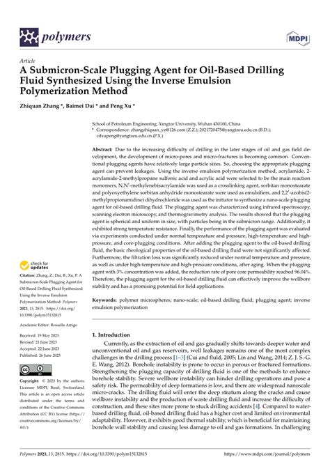 Pdf A Submicron Scale Plugging Agent For Oil Based Drilling Fluid Synthesized Using The