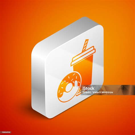 주황색 배경에 고립 된 빨대와 도넛 아이콘을 마시는 아이소메트릭 소다 음료 패스트 푸드 기호입니다 실버 스퀘어 버튼 벡터 일러스트레이션 0명에 대한 스톡 벡터 아트 및 기타