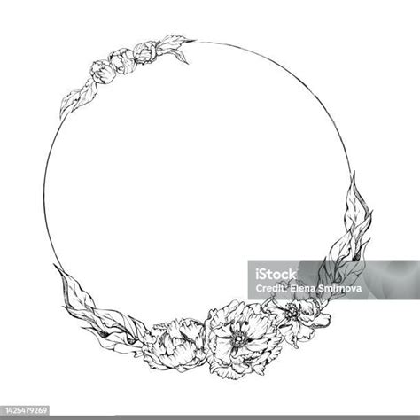 손으로 그린 벡터 서클 프레임 화환 배열과 작약 꽃 새싹 및 나뭇잎 흰색 배경에 고립되어 있습니다 초대장 결혼식 또는 인사말 카드 벽지 인쇄 섬유 디자인 0명에 대한 스톡
