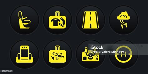 공항 폭풍 여행 가방 항공기 조타 장치 공항 활주로 헬리콥터 착륙장 및 비행기 좌석 아이콘에 금속 탐지기를 설정합니다 벡터 가방에 대한 스톡 벡터 아트 및 기타 이미지