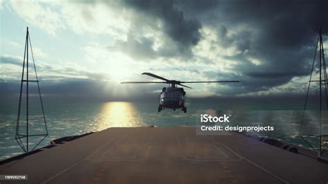 군용 헬리콥터 블랙호크는 끝없는 푸른 바다에서 항공 모함착륙 3d 렌더링 3차원 형태에 대한 스톡 사진 및 기타 이미지 3차원 형태 강철 공항 Istock