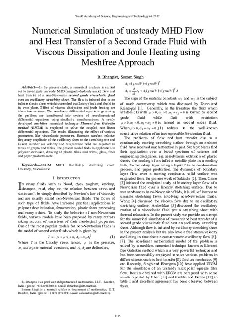 Pdf Numerical Simulation Of Unsteady Mhd Flow And Heat Transfer Of A Second Grade Fluid With