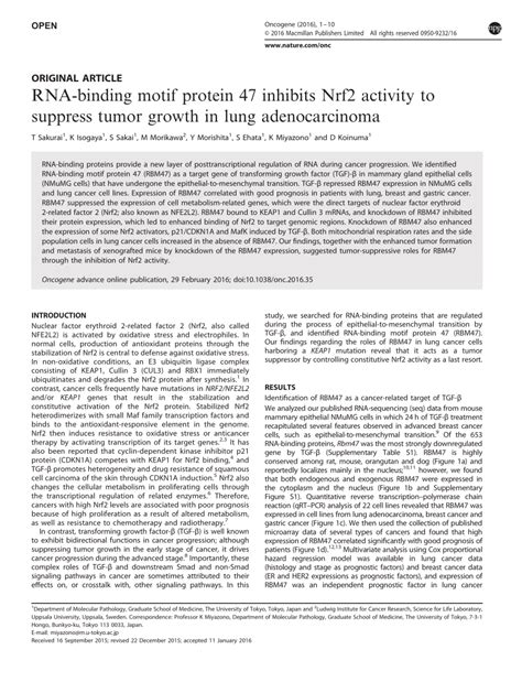 Pdf Rna Binding Motif Protein 47 Inhibits Nrf2 Activity To Suppress Tumor Growth In Lung